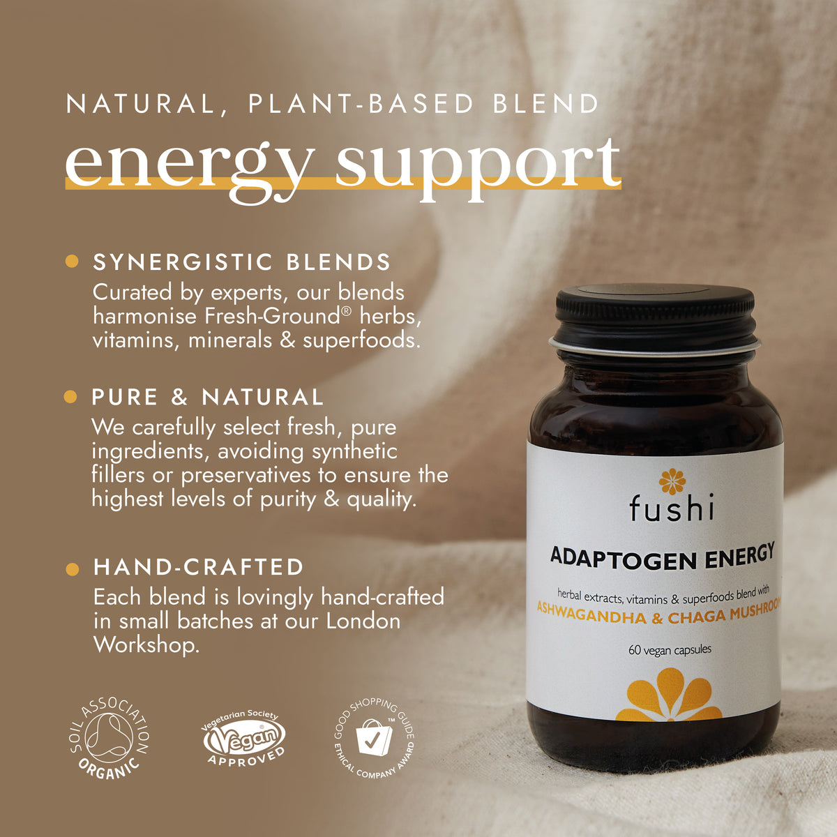 Adaptogen Energy Blend | 60 Capsules | Ashwagandha | Fushi Wellbeing